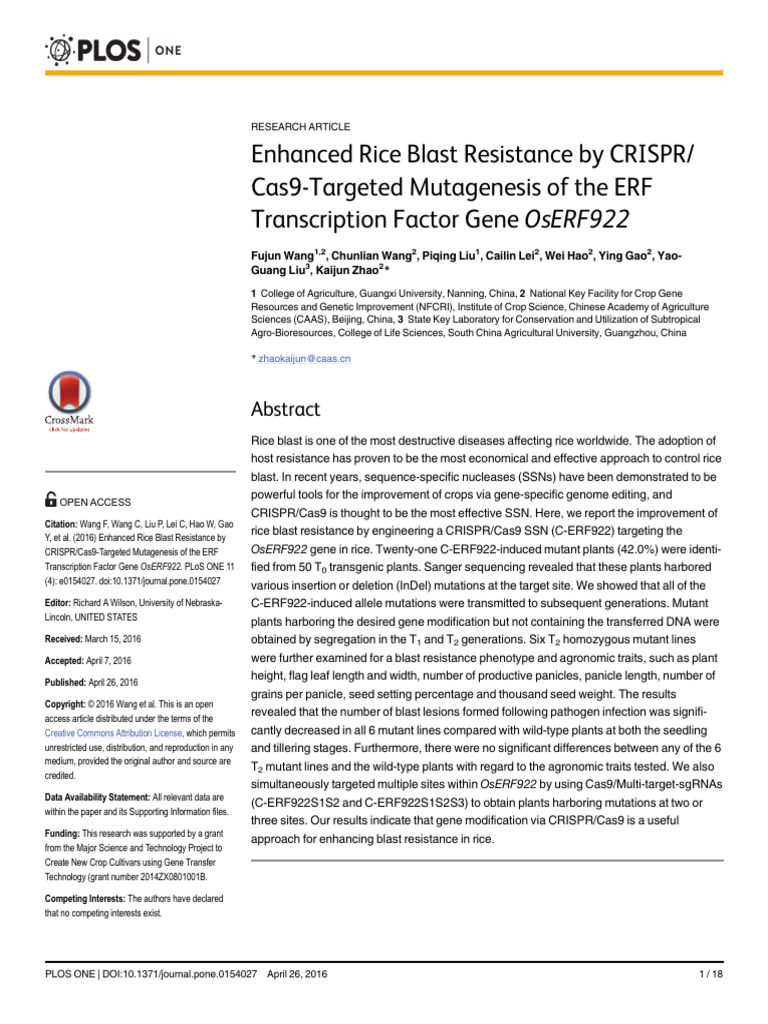 Enhanced Rice Blast Resistance by CRISPR | PDF | Zygosity | Allele