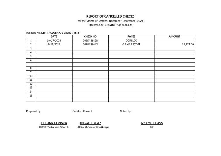 Report of Cancelled Check RCC | PDF