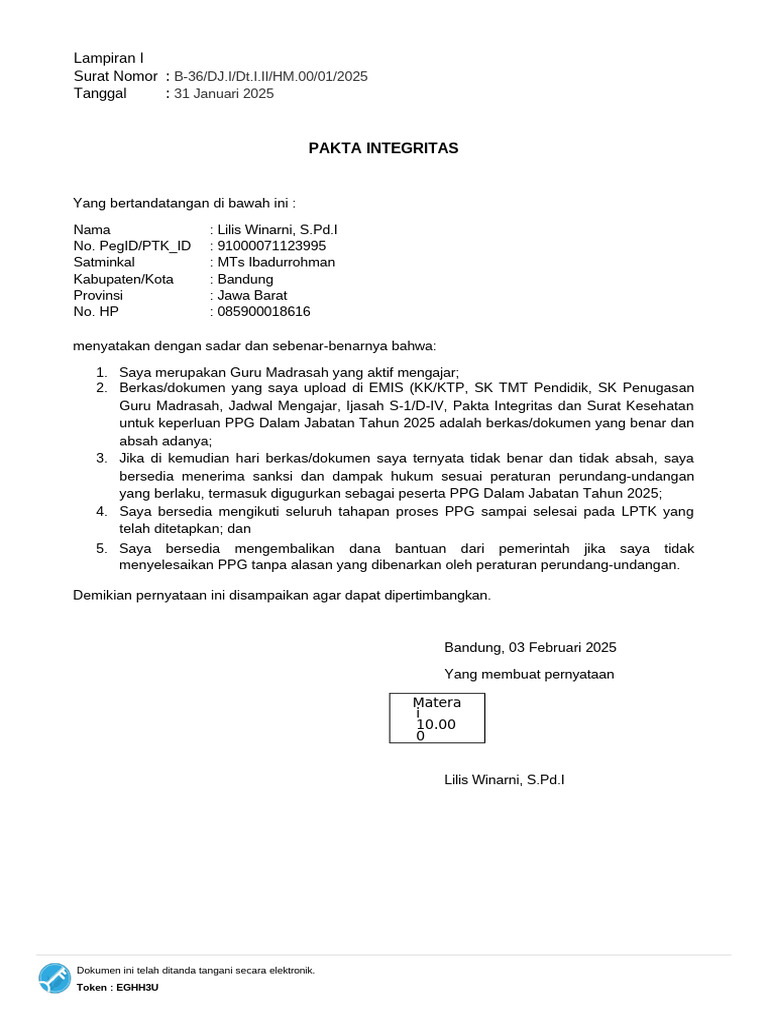 Pakta Integritas PPG Madrasah 2025 | PDF