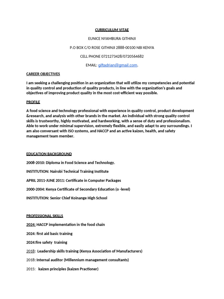 Eunice CV New 11 | PDF | Hazard Analysis And Critical Control Points ...