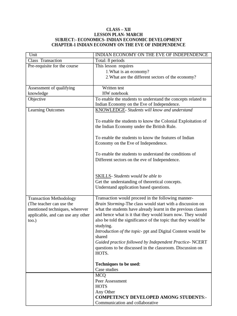 Chapter 1 - Indian Economy On The Eve - Lesson Plans | PDF | Lesson Plan | Economies