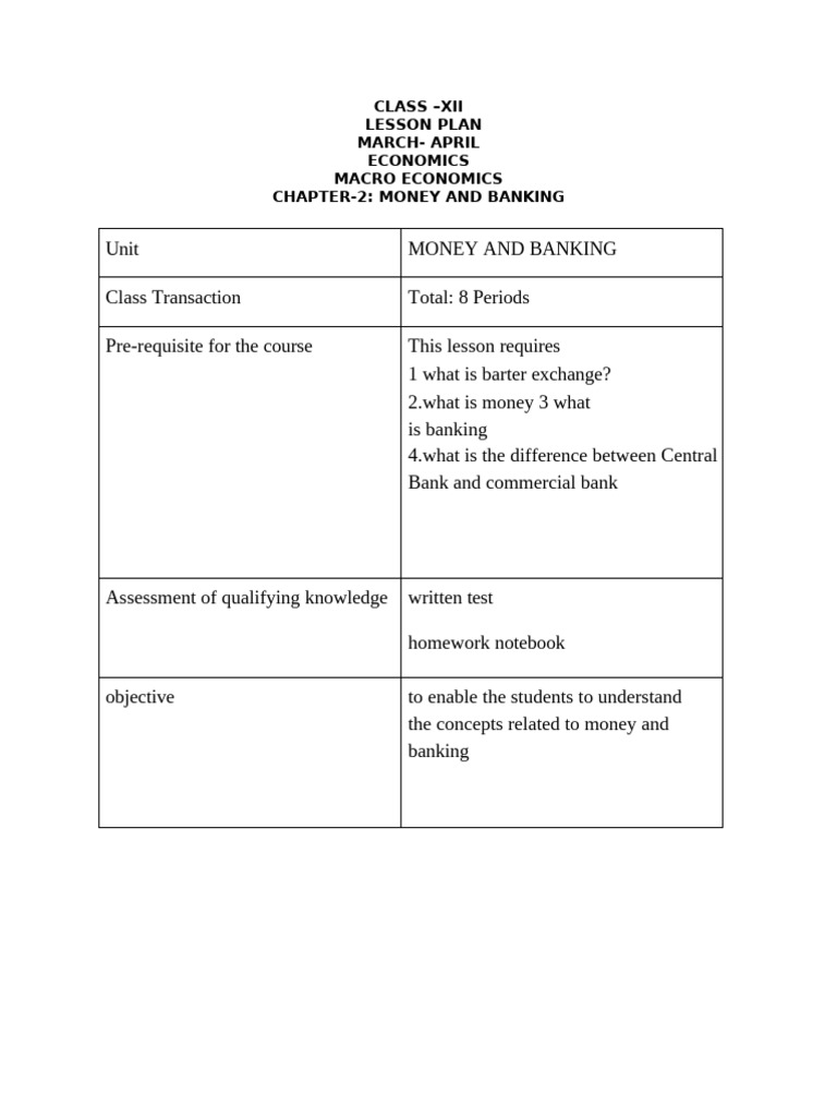 Money and Banking Lesson Plan XII | PDF | Lesson Plan | Money