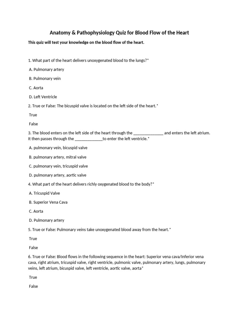 Heart Blood Flow Quiz: Anatomy & Pathophysiology | PDF