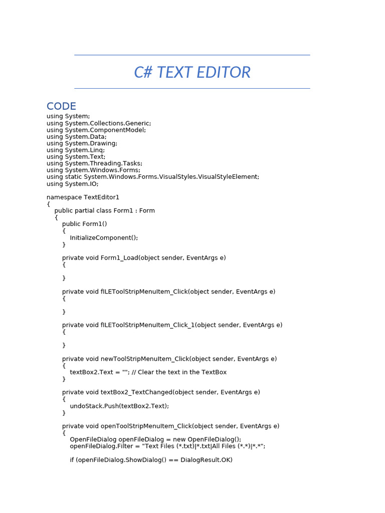 C# TEXT EDITOR | PDF | C Sharp (Programming Language) | Text File