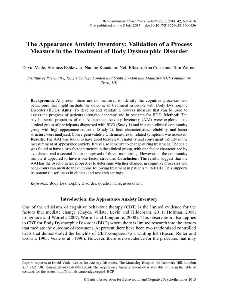 Validating the Appearance Anxiety Inventory | PDF | Behavioural ...