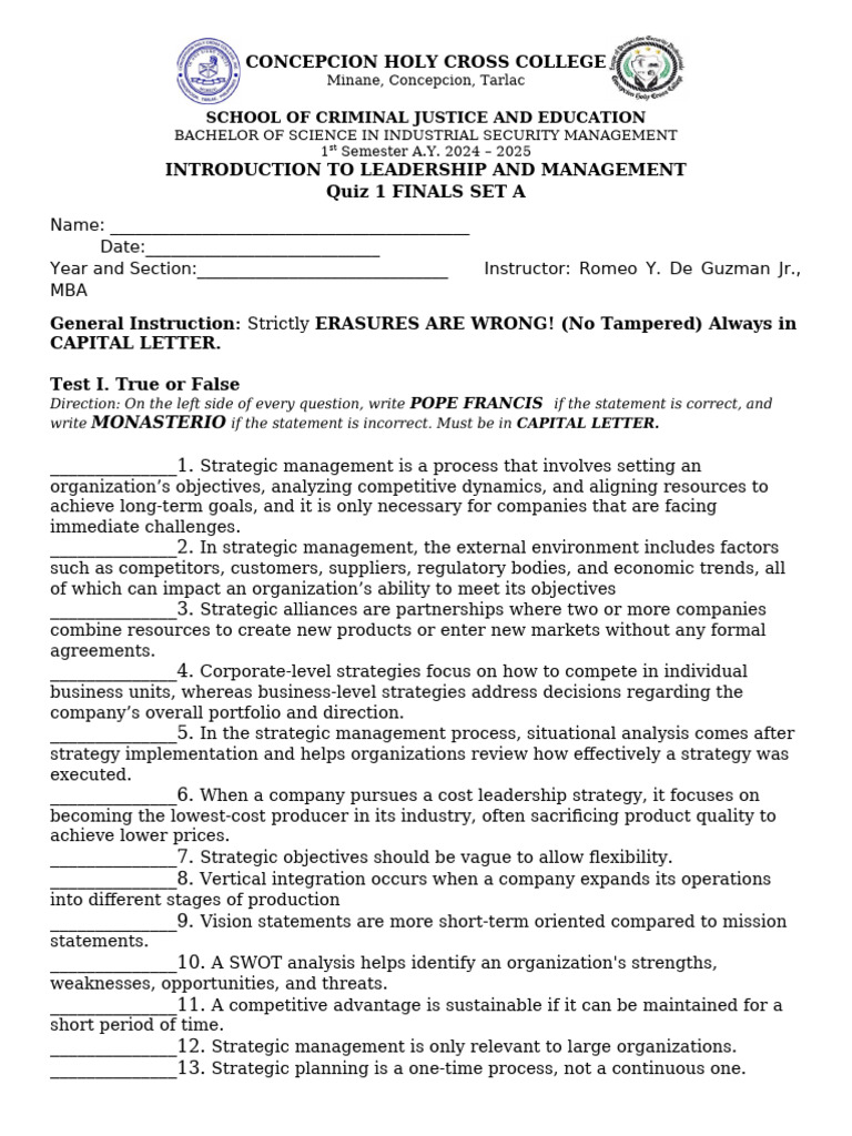 BSISM Quiz 1 SET A FINALS | PDF | Strategic Management | Competitive ...