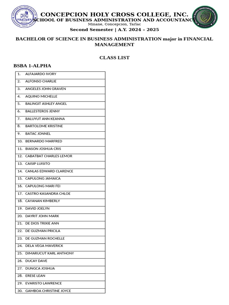 BSBA 1st Year 2nd Sem Master List | PDF