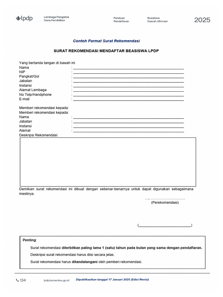Contoh Format Surat Rekomendasi LPDP | PDF