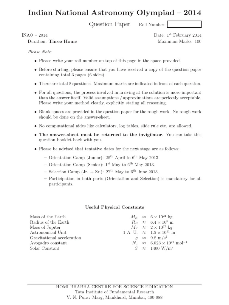 INAO 2014 Astronomy Olympiad Paper | PDF | Apsis | Moon