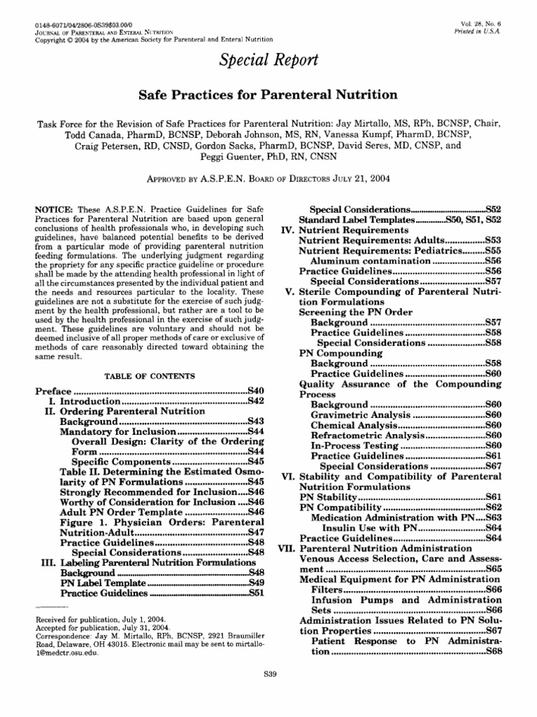 J Parenter Enteral Nutr, 2004, 28, S39-S70 | PDF | Health Care ...
