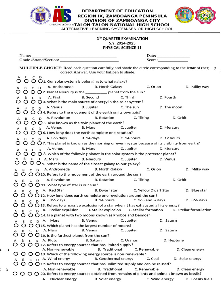 Physical Cience Als-Shs Quarter-Exam | PDF | Planets | Renewable Energy