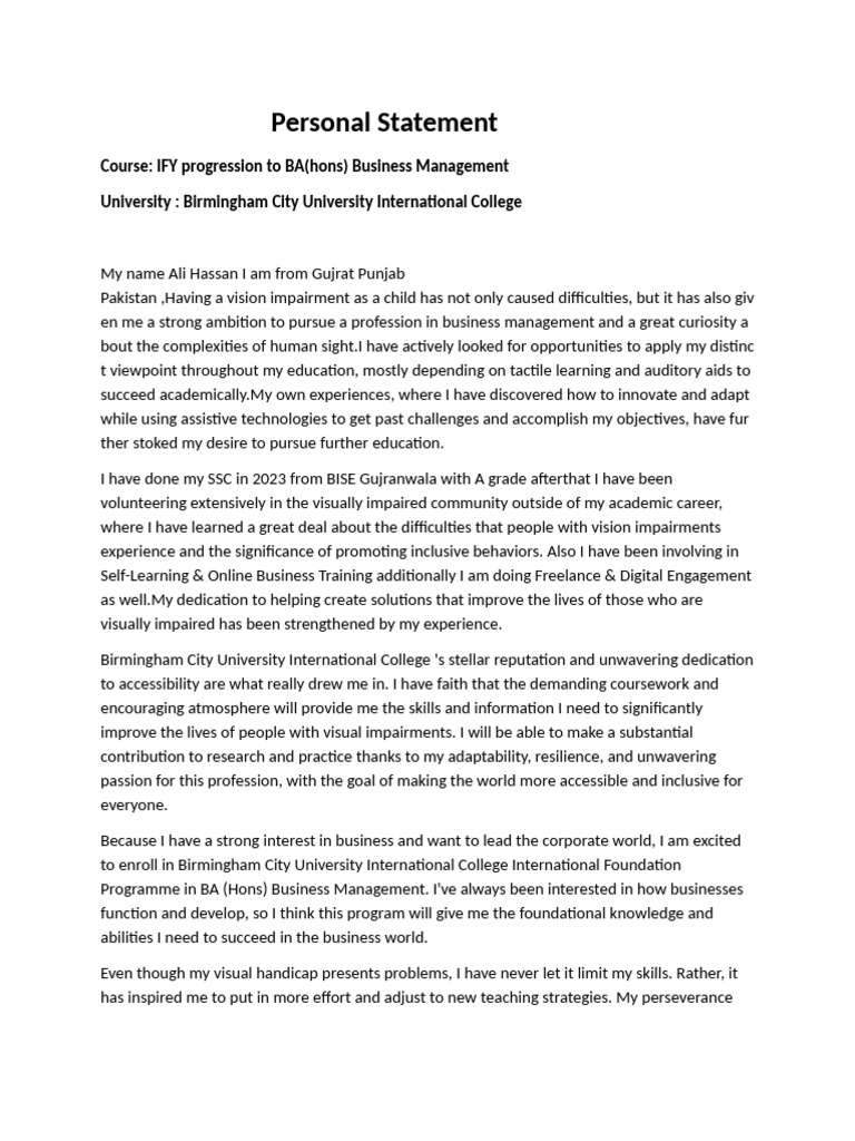 Personal Statement For BCUIC | PDF | Cognition | Learning