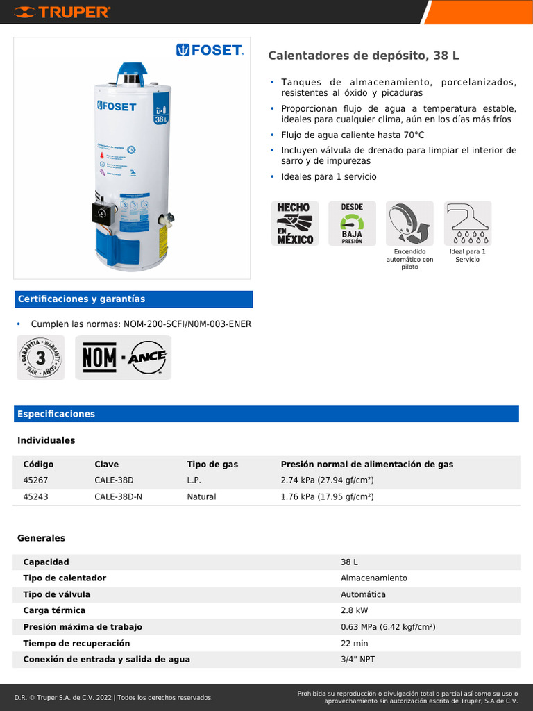 Calentador Deposito 38l Foset | PDF