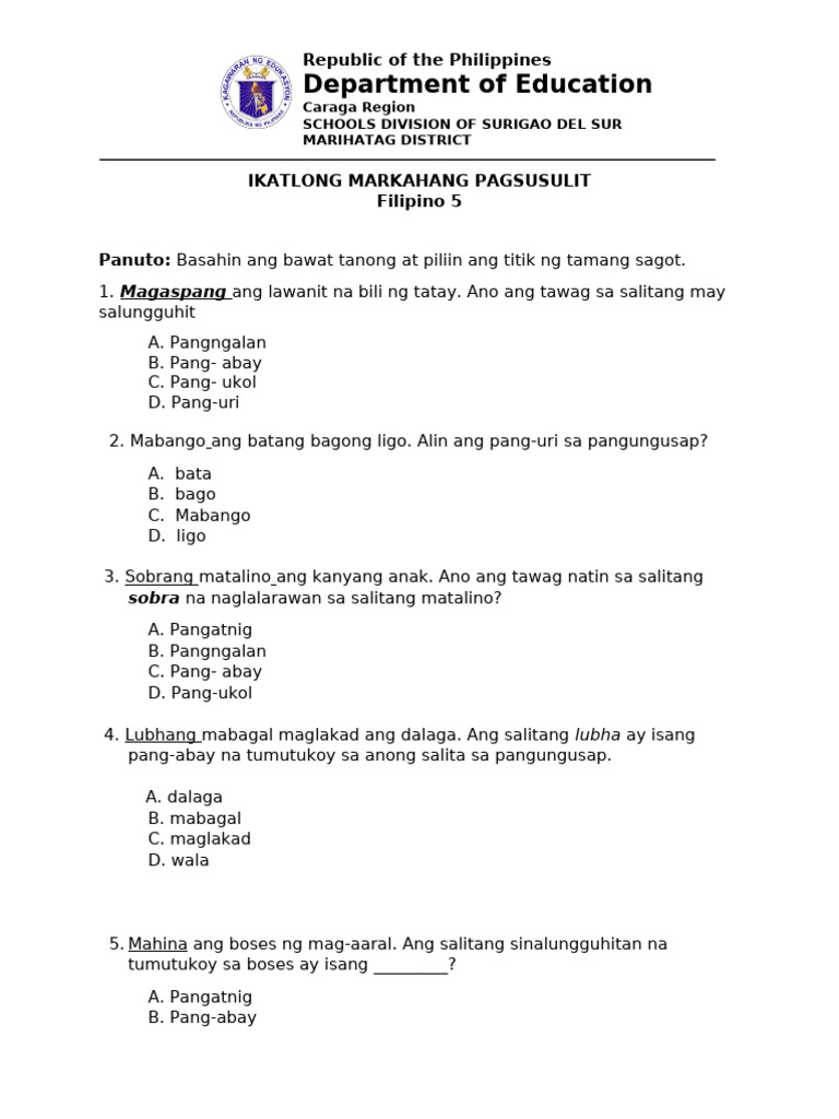 Filipino V IKATLONG PAGSUSULIT | PDF