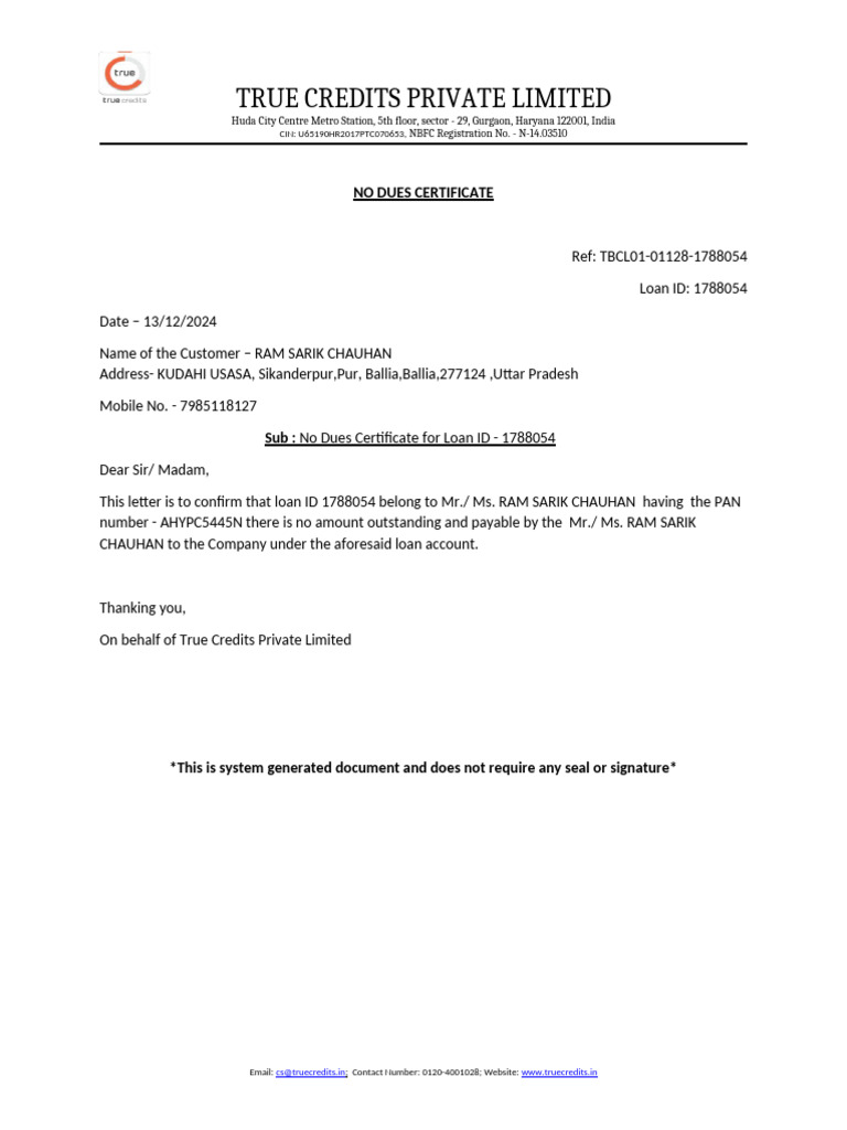 No Dues Certificate for Loan ID 1788054 | PDF