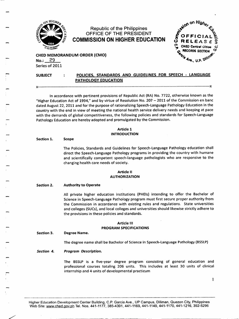 CMO-No.29-s2011 Policy and Guide SLP | PDF