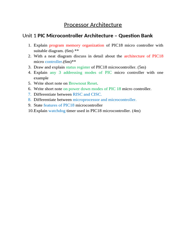 Processor Architecture- UNIT 1 QUESTION Bank | PDF | Microcontroller | Central Processing Unit