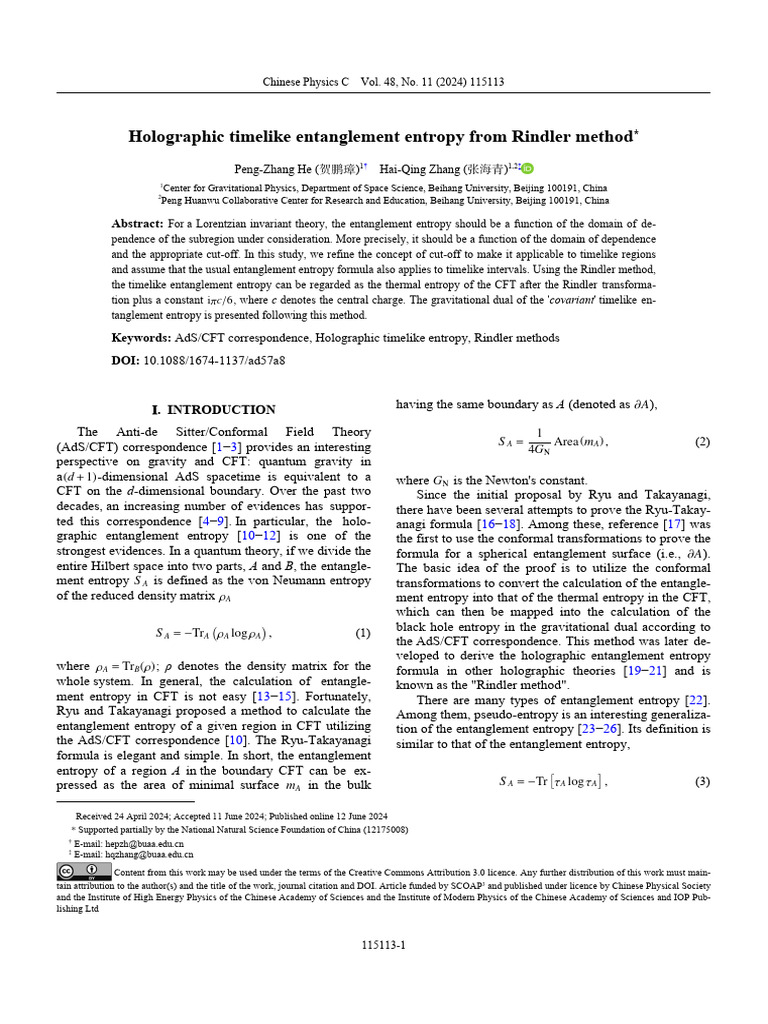 Holographic Timelike Entanglement Entropy From Rindler Method | PDF | Quantum Entanglement ...