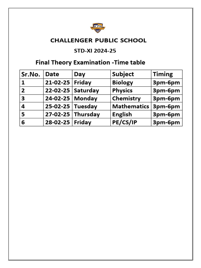 XI Final Exam Timetable-1 | PDF