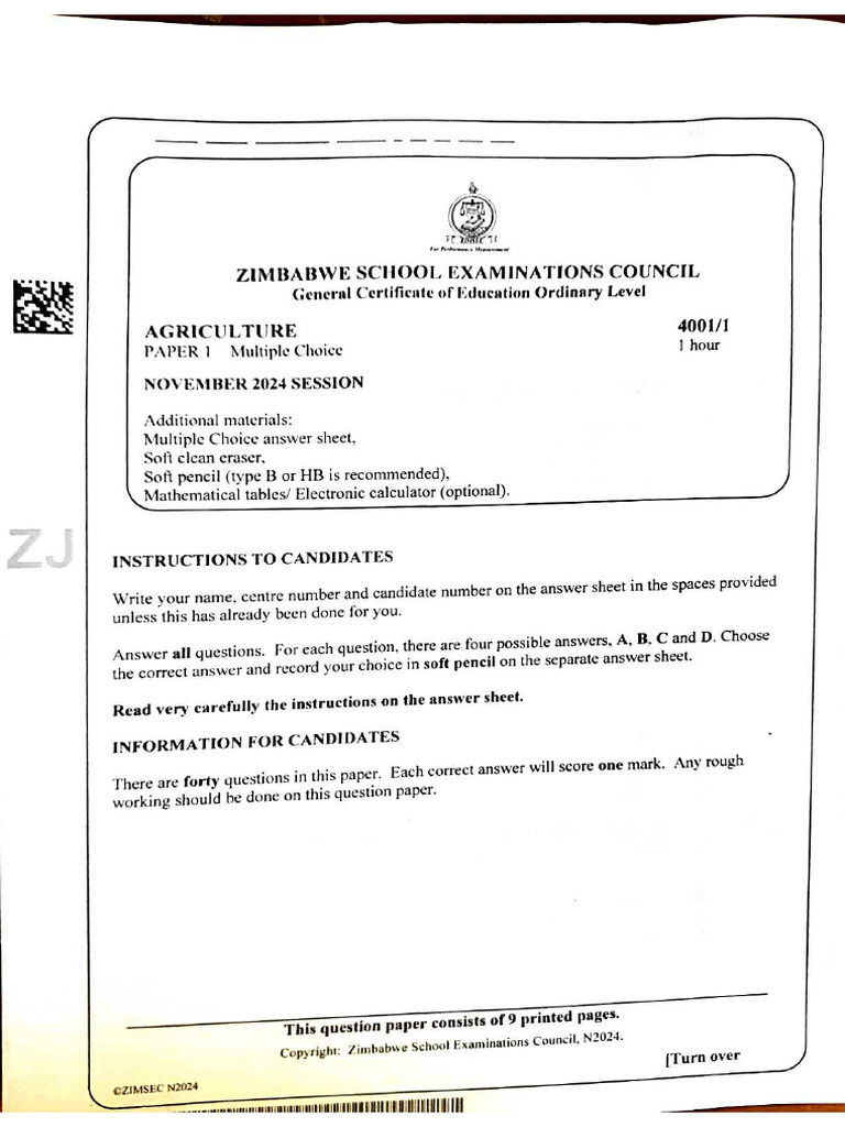 Agriculture P1 2024 ZIMSEC | PDF