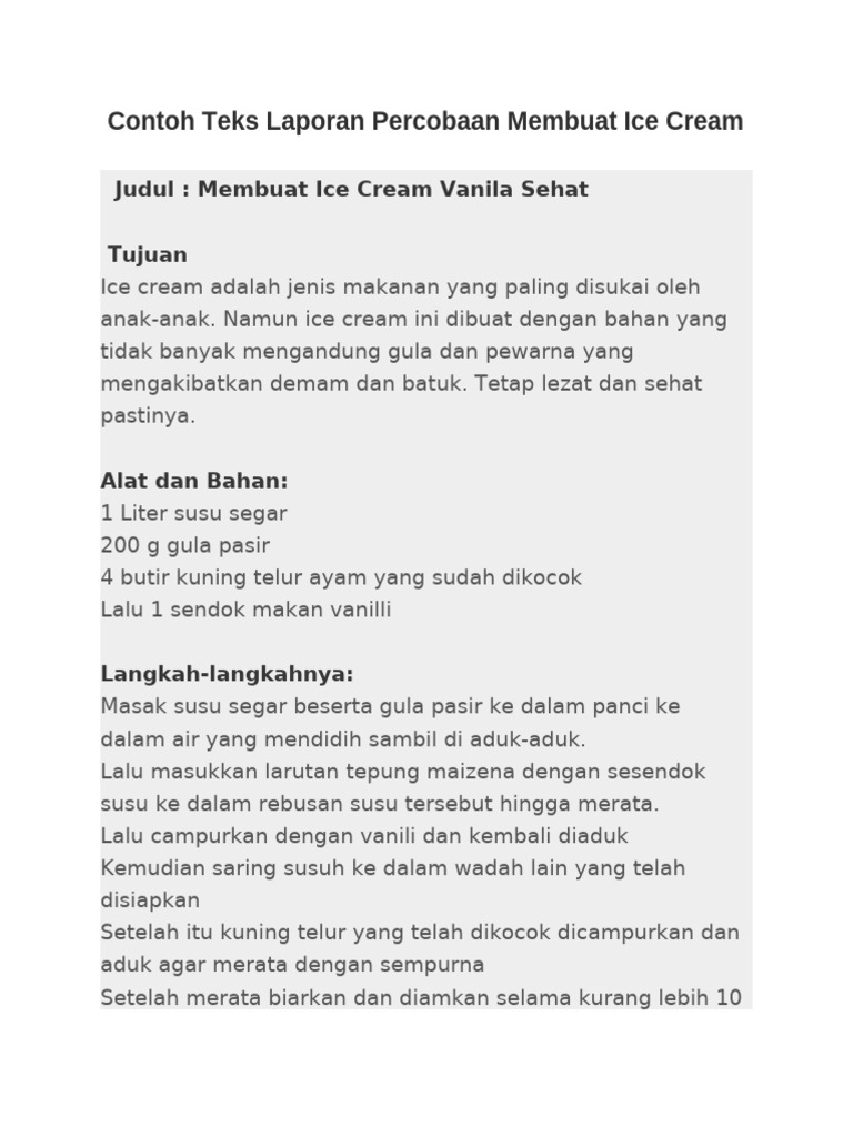 Contoh Teks Laporan Percobaan Membuat Ice Cream | PDF
