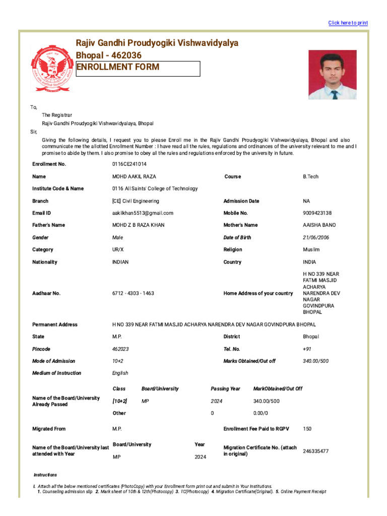 Enrollment Form Print Aakil Raza | PDF