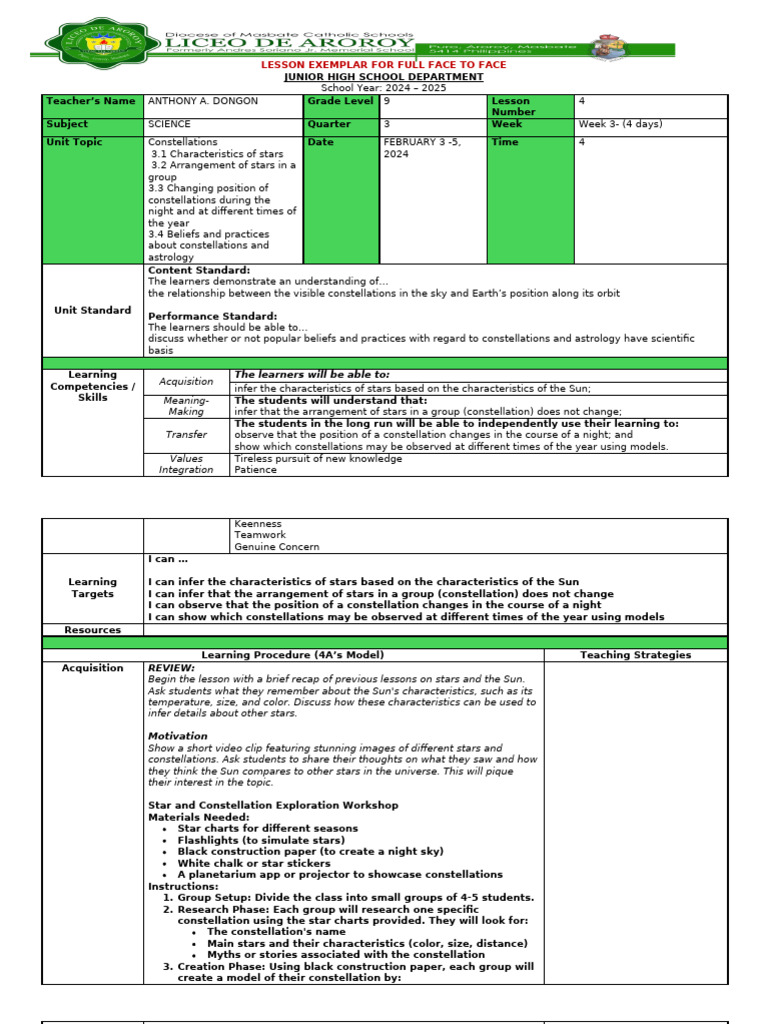 3RD Quarter Lesson Exemplar (Week 3) | PDF | Stars | Constellation