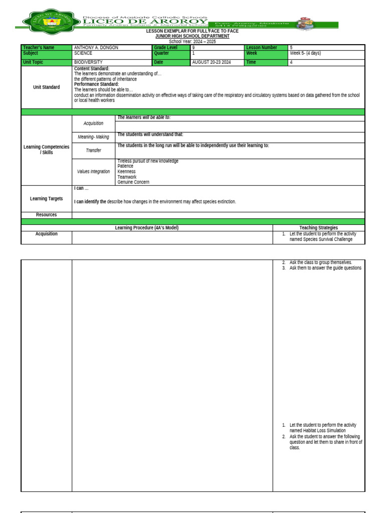 LESSON EXEMPLAR FOR FULL FACE TO FACE | PDF | Teachers | Learning