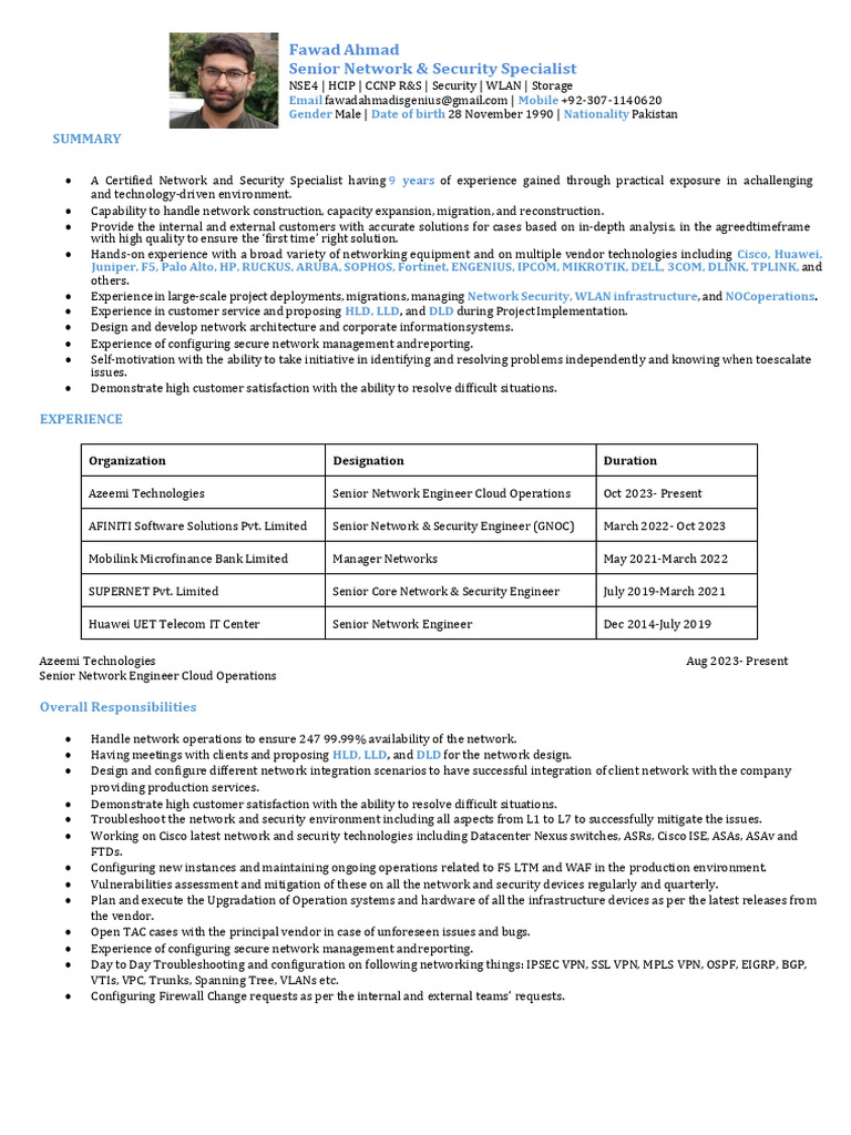 Fawad Ahmad-Senior Network Security Specialist | PDF | Computer Network | Virtual Private Network