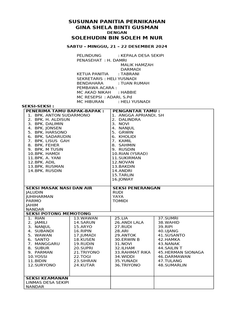 Susunan Panitia Pernikahan | PDF