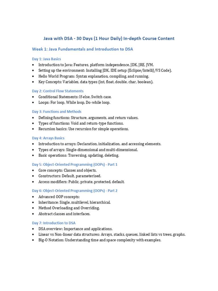 Java With DSA 30 Days Course Content | PDF | Software Engineering | Algorithms And Data Structures