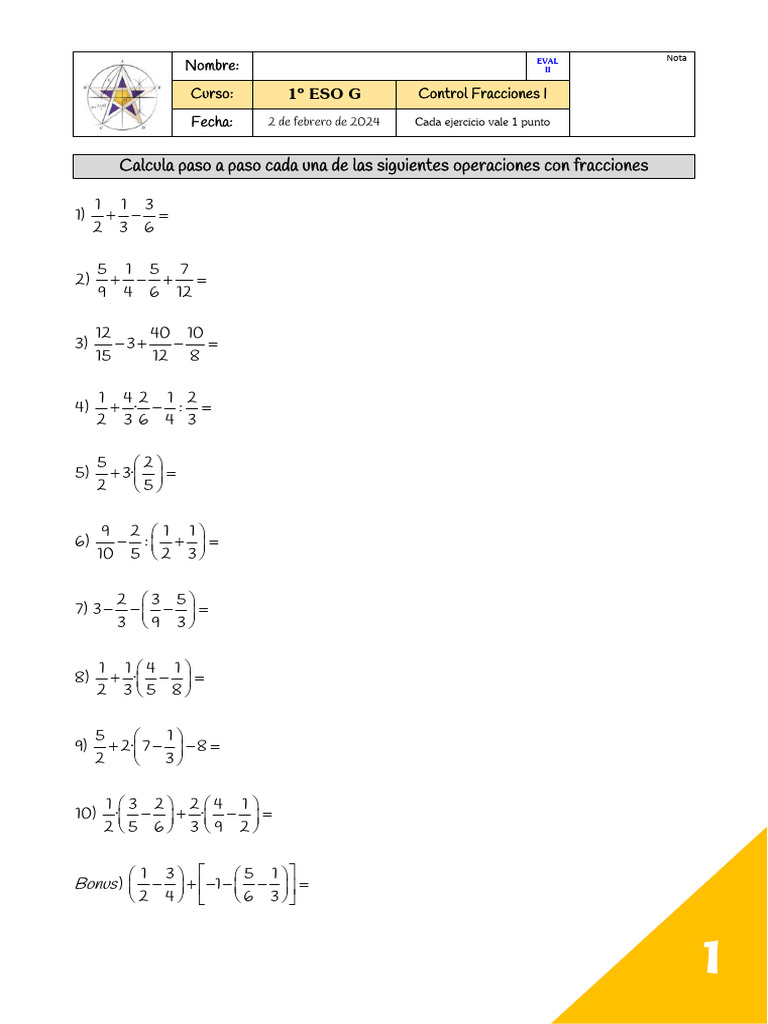 Controles Operaciones Con Fracciones | PDF | Multiplicación | Aritmética