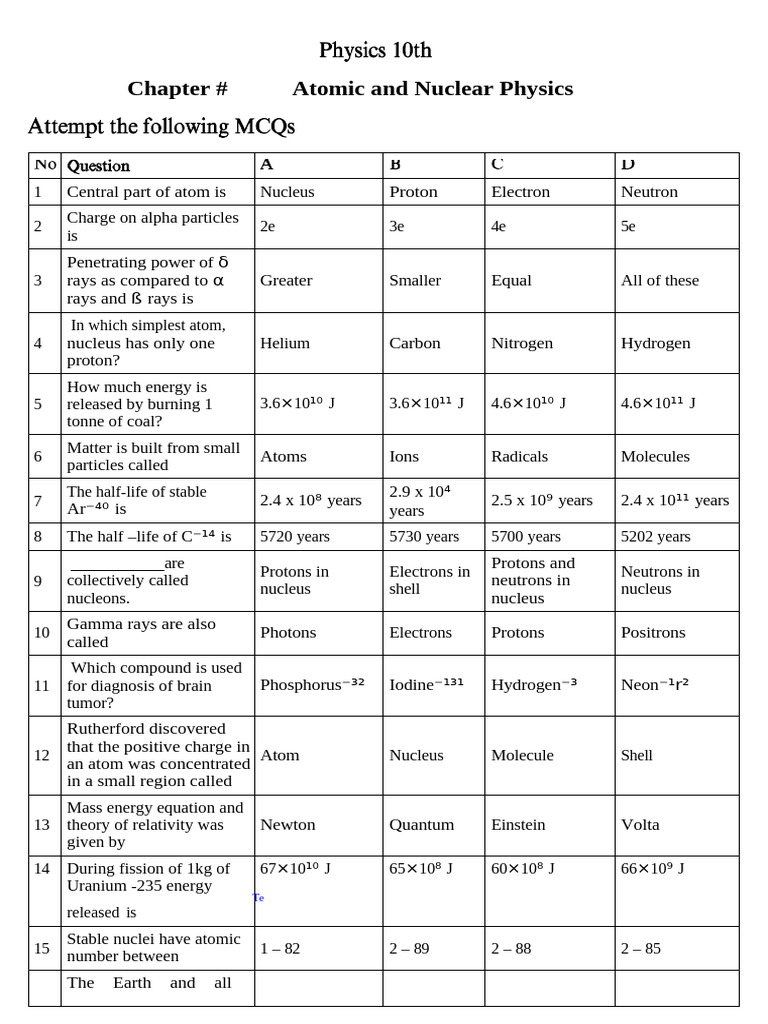Physics 10th - Unit (Atomic and Nuclear Physics) | PDF | Radioactive ...