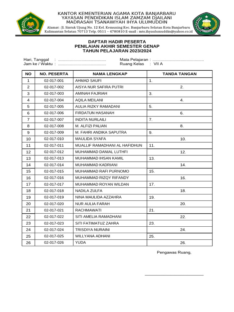 Absensi Peserta PAS 2023-2024 | PDF