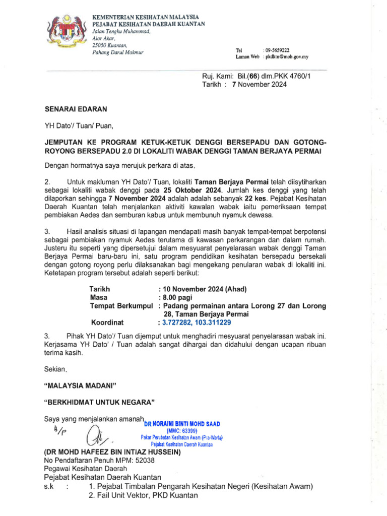 Surat Program Ketuk2 Denggi dan Goro 2.0 Tman Berjaya Permai | PDF