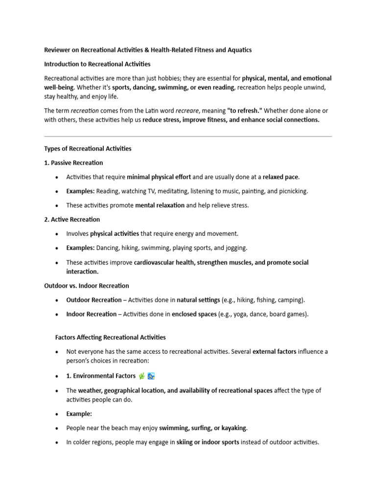 Reviewer On Recreational Activities HRF and Swimming | PDF | Swimming | Recreation