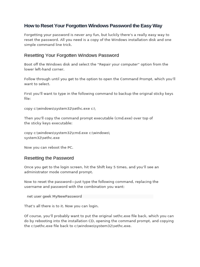 How To Reset Windows 7 Password | PDF