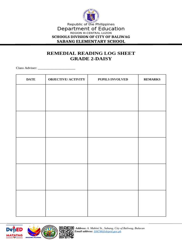 Grade 2 Remedial Reading Log Sheet | PDF