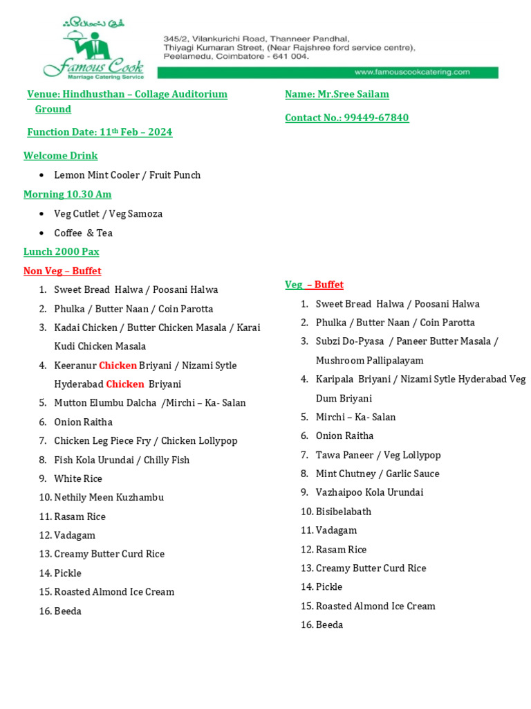 11 Feb - 2024 Non Veg Menu | PDF | Cooking | Asian Cuisine