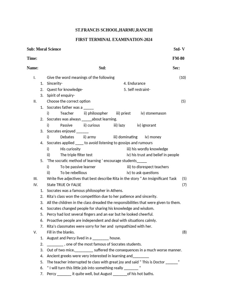Grade 5 Moral Science Exam | PDF | Socrates