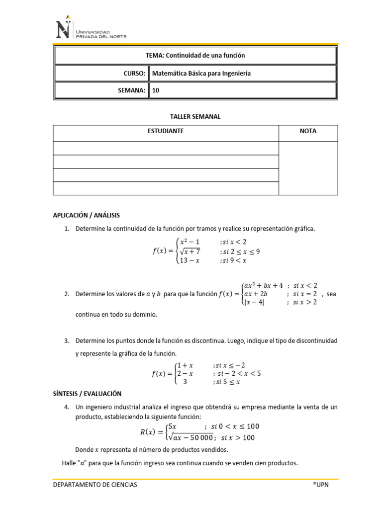 TALLER SEMANAL - Semana 10 - Continuidad de Una Función y Tipos de Discontinuidad | PDF
