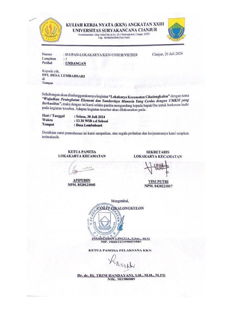 SURAT UNDANGAN DPL LEMBAHSARI | PDF