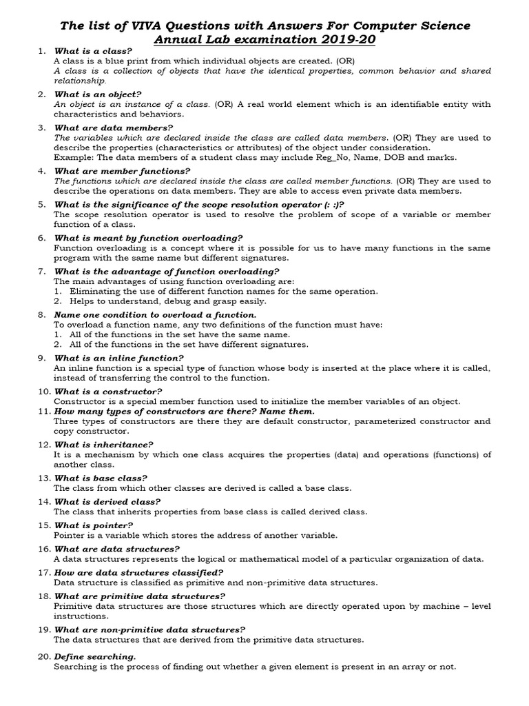 2019-20 List of VIVA Questions With Answers For Annual Lab Examination ...