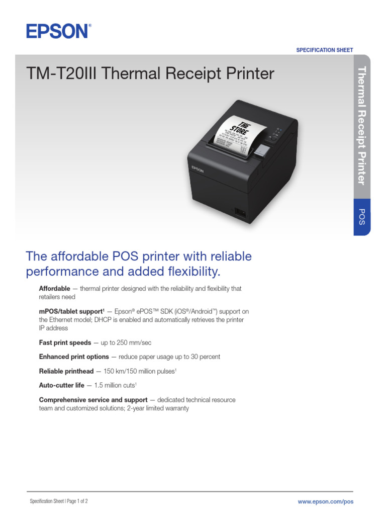 System Devices TM-T20III Specification Sheet CPD-58120R1 | PDF | Printer (Computing) | Point Of Sale
