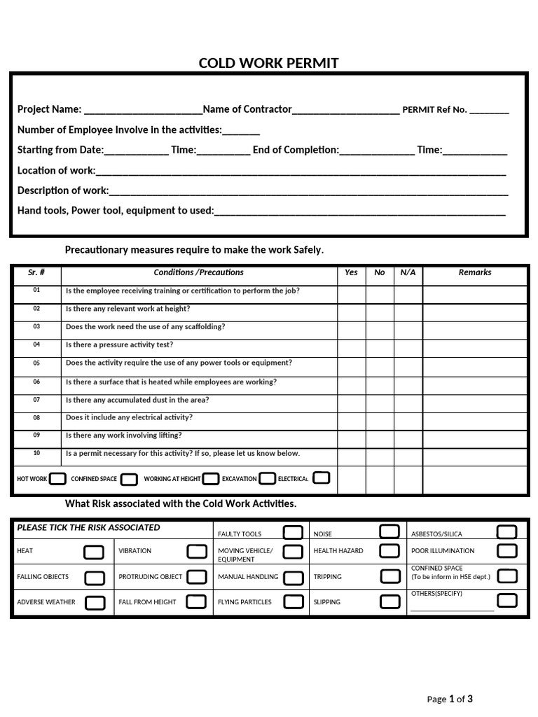COLD WORK PERMIT | PDF | Personal Protective Equipment | Occupational ...