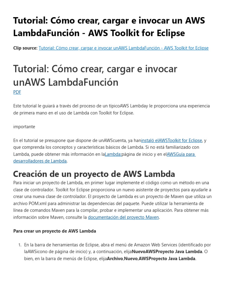 Tutorial Cómo Crear, Cargar e Invocar Un AWS LambdaFunción - AWS Toolkit For Eclipse | PDF ...