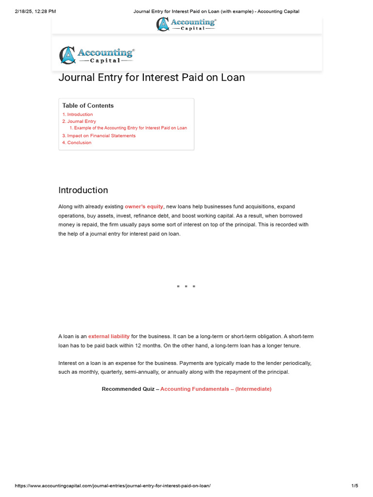 Journal Entry for Interest Paid on Loan (with example) - Accounting Capital | PDF | Debits And ...