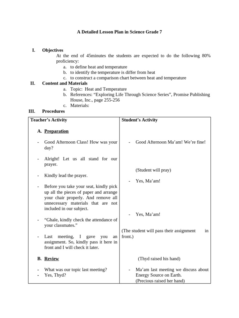 A Detailed Lesson Plan in Science Grade 7 | PDF | Temperature | Heat