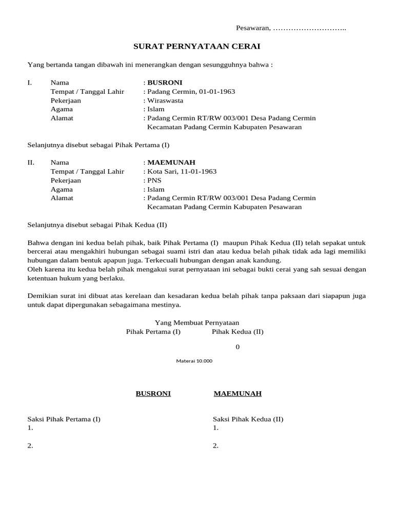 Surat Pernyataan Cerai Busroni dan Maemunah | PDF