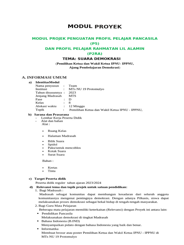 MODUL PROYEK P5P2RA - Suara Demokrasi - Pemilihan Ketua Dan Wakil Ketua ...